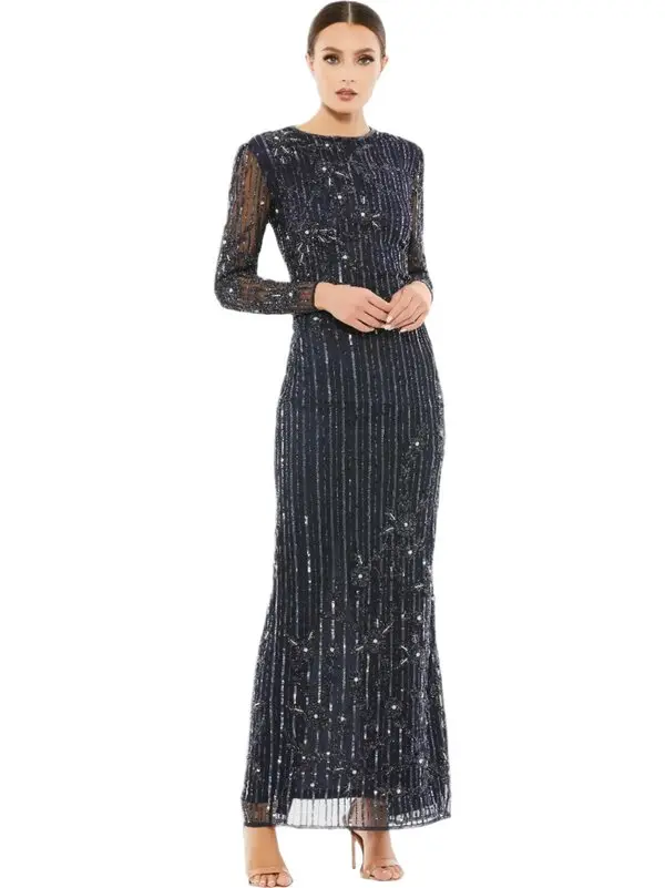 Mac Duggal Embellished High Neck Illusion Long Sleeve Gown - Navy