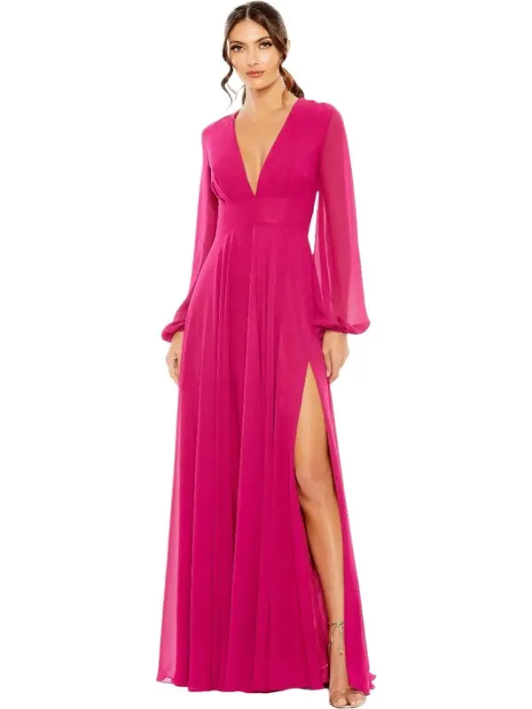 Mac Duggal V-neck Illusion Long Sleeve Chiffon Gown - Pink