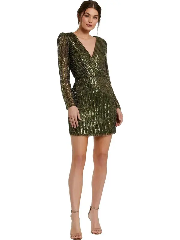 Mac Duggal Long Sleeve Sequined Mini Dress - Green