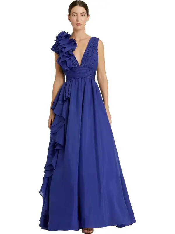 Mac Duggal Ruffle Shoulder V-neck Chiffon Gown - Blue
