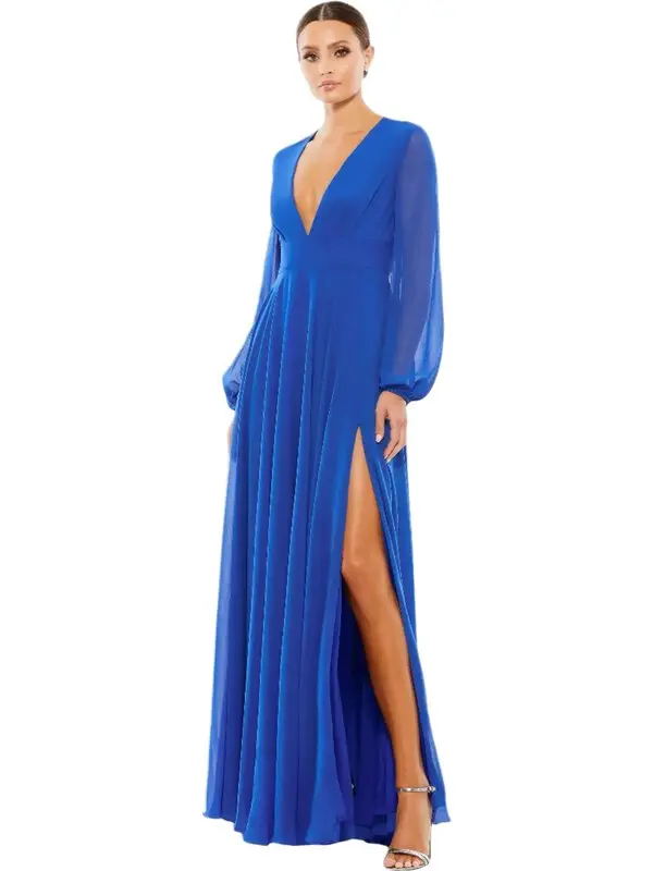 Mac Duggal V-neck Illusion Long Sleeve Chiffon Gown - Blue