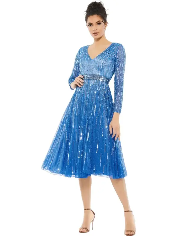 Mac Duggal Sequin Long Sleeve Tea Length Dress - Blue