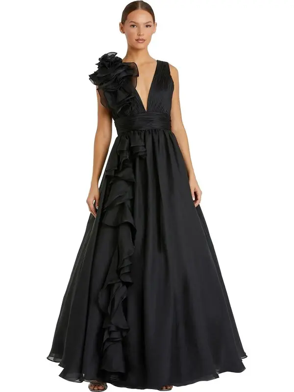 Mac Duggal Ruffle Shoulder V-neck Chiffon Gown - Black