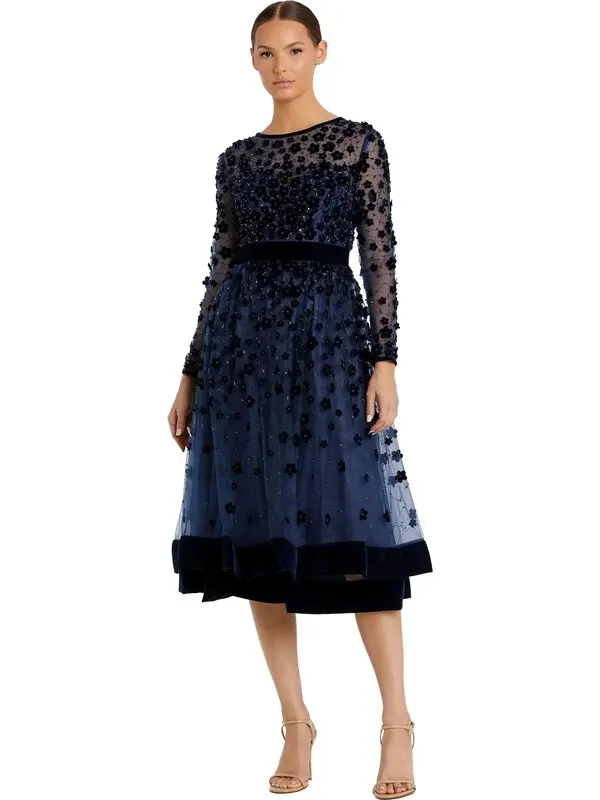 Mac Duggal Velvet Embellished Illusion Long Sleeve A-line Midi Dress - Navy