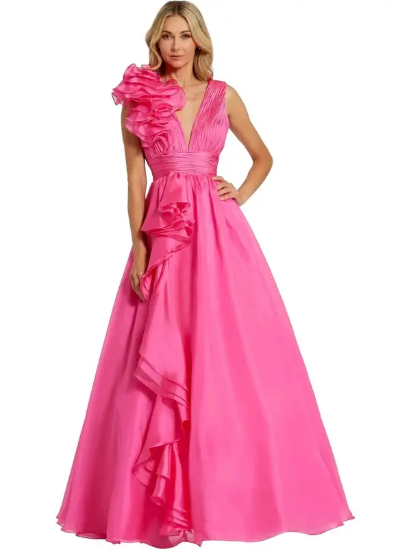 Mac Duggal Ruffle Shoulder V-neck Chiffon Gown - Pink