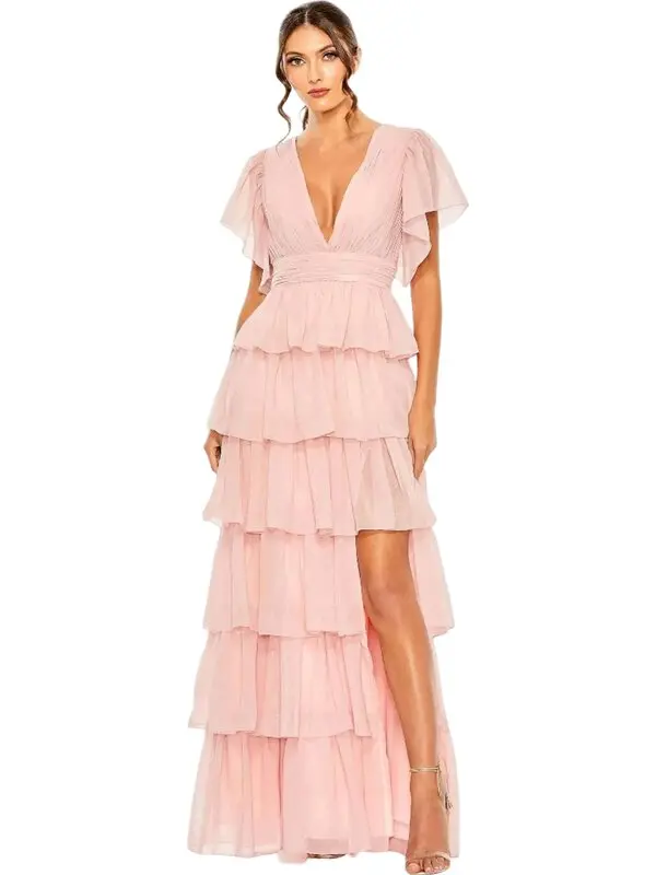 Mac Duggal Flutter Sleeve Ruffle Tiered Gown - Pink