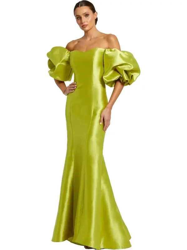 Mac Duggal Satin Off-the-shoulder Mermaid Gown With Puff Sleeves - Green