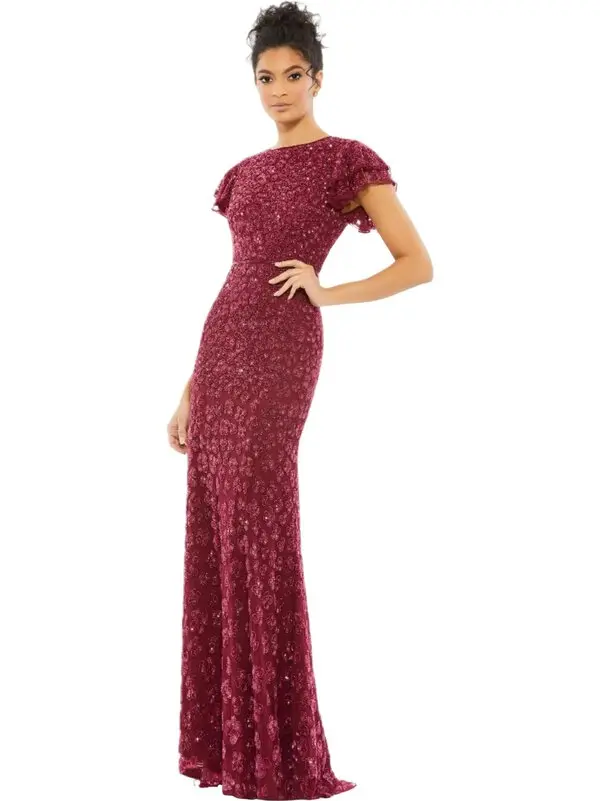 Mac Duggal High Neck Beaded Gown With Cap Sleeves - Red