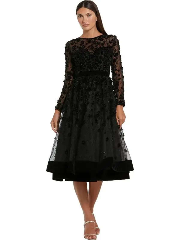 Mac Duggal Velvet Embellished Illusion Long Sleeve A-line Midi Dress - Black