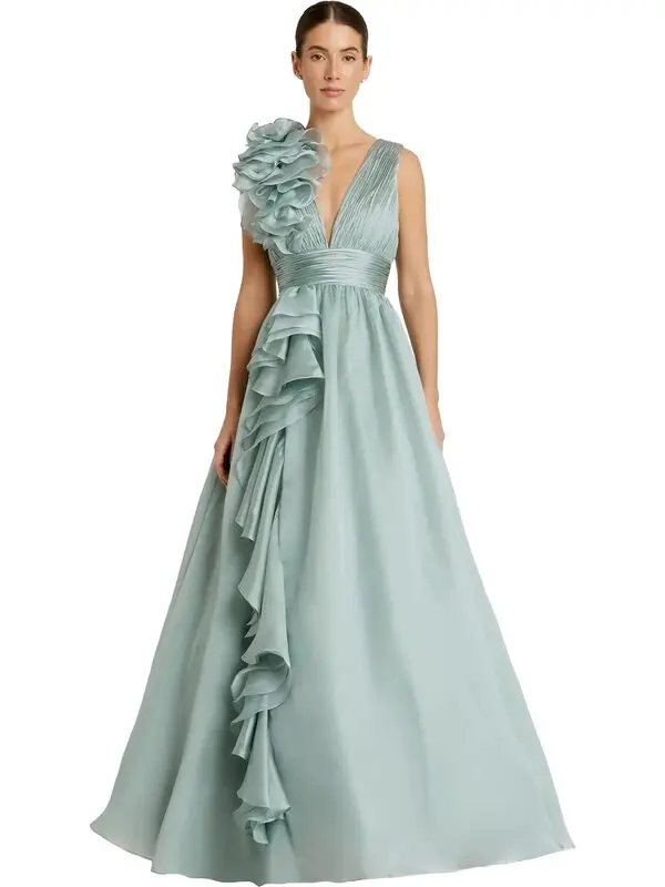 Mac Duggal V-neck Chiffon Gown With Ruffle Shoulder - Green