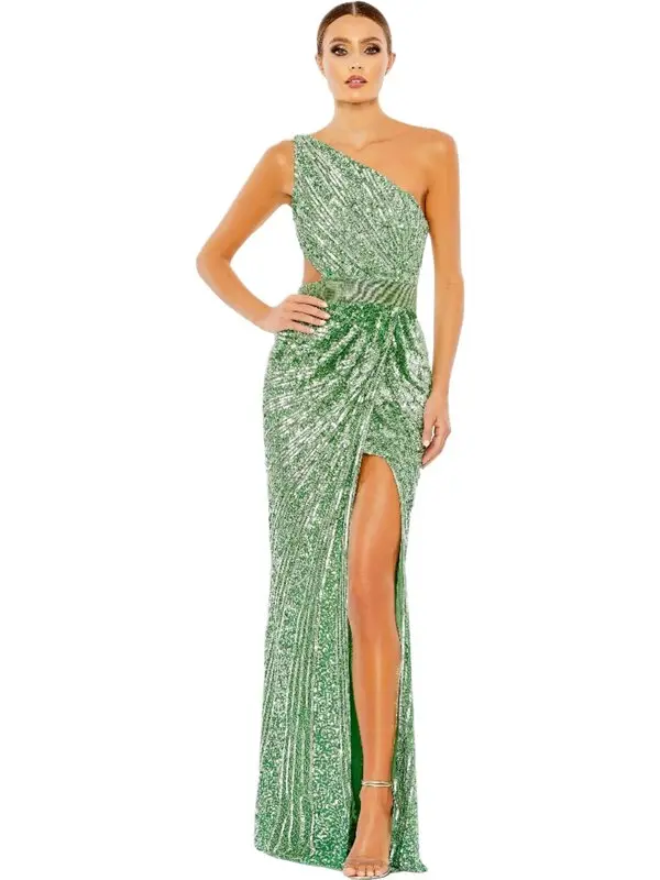 Mac Duggal Sequined One Shoulder Lace Up Gown - Green