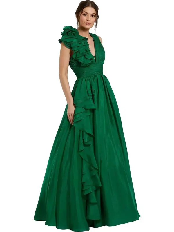 Mac Duggal Ruffle Shoulder Chiffon Gown - Green