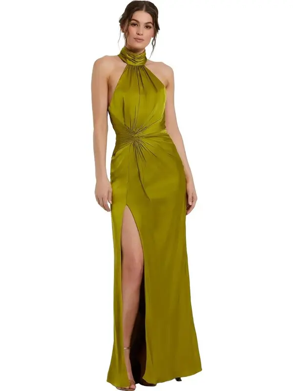 Mac Duggal Open Back High Neck Side Ruched Gown - Green