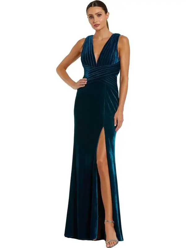 Mac Duggal Sleeveless Velvet Gown With Plunge Neck - Blue