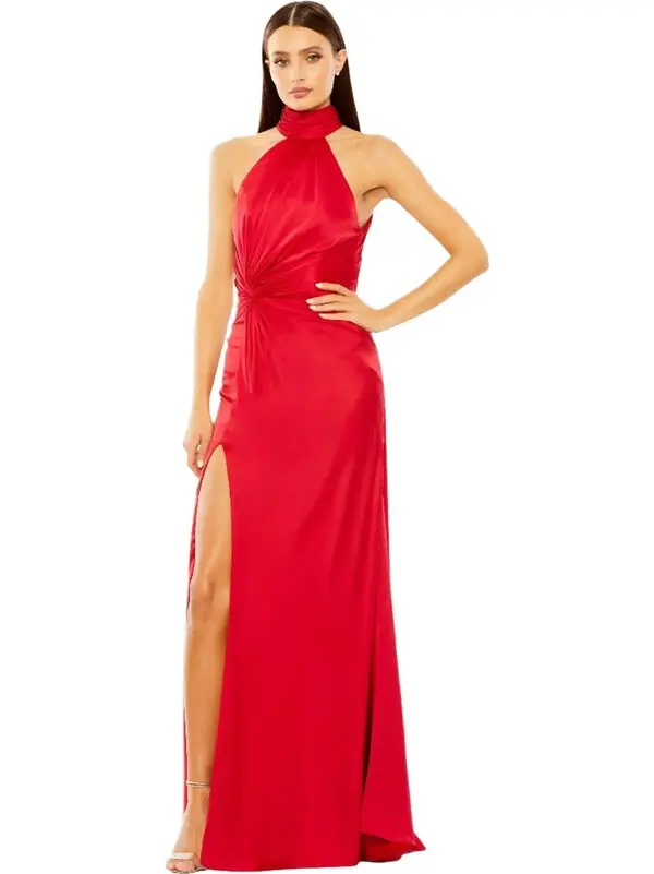 Mac Duggal Open Back High Neck Side Ruched Gown - Red