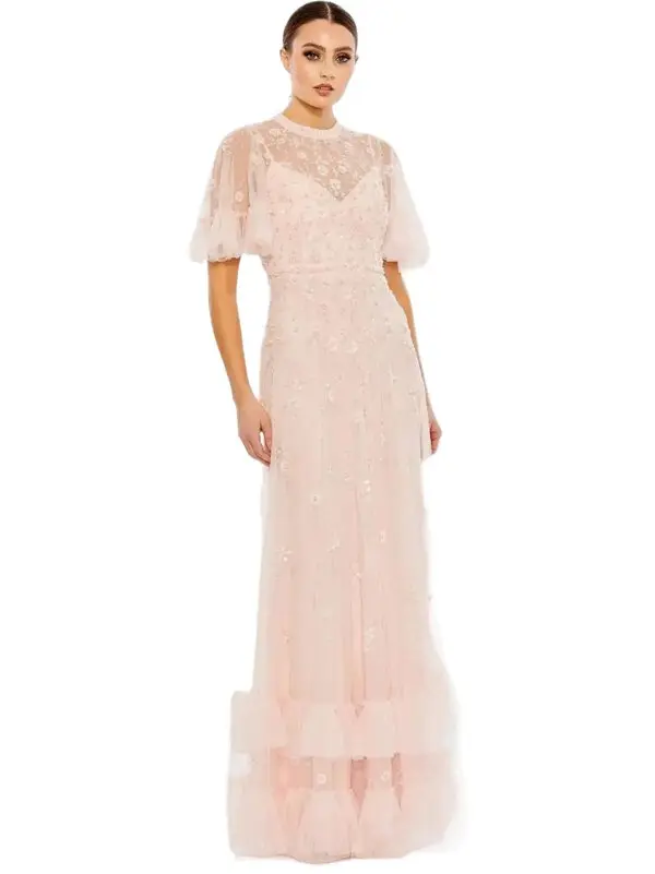 Mac Duggal Floral Embellished Flutter Sleeve A-line Gown - Pink