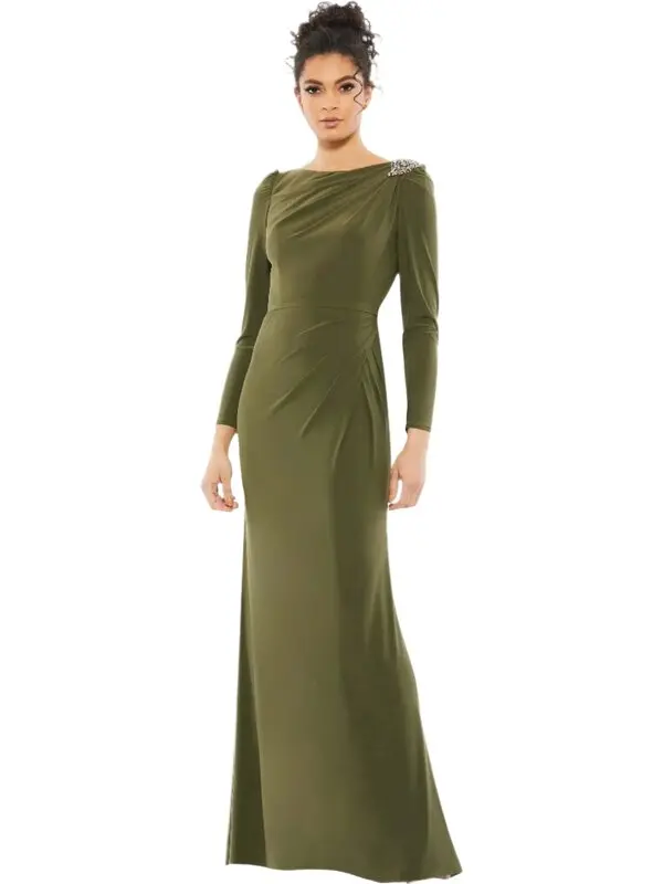 Mac Duggal Draped Bateau Long Sleeve Trumpet Gown - Green