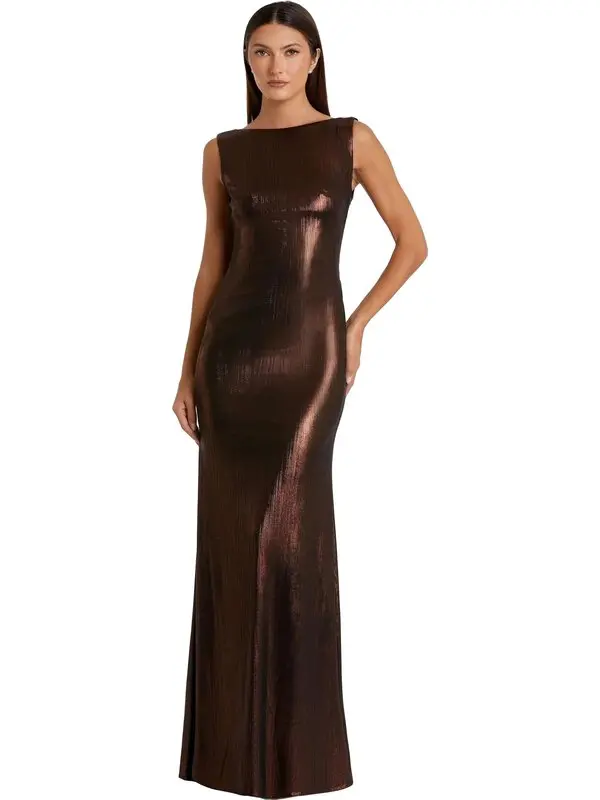 Mac Duggal Metallic Jersey Cowl Back Column Gown - Brown
