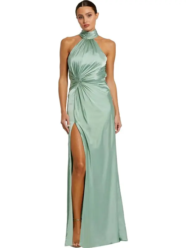 Mac Duggal Open Back High Neck Side Ruched Gown - Green
