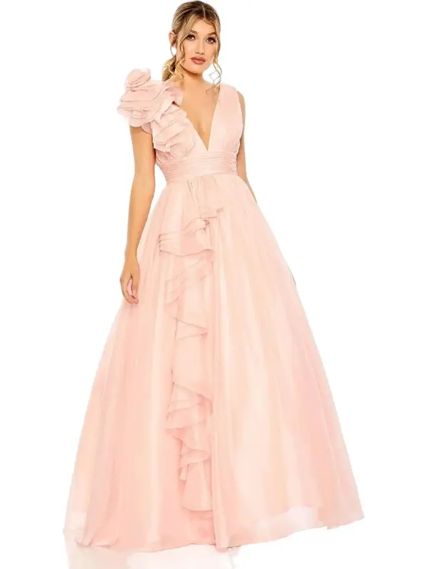 Mac Duggal V-neck Chiffon Gown With Ruffle Detail - Pink