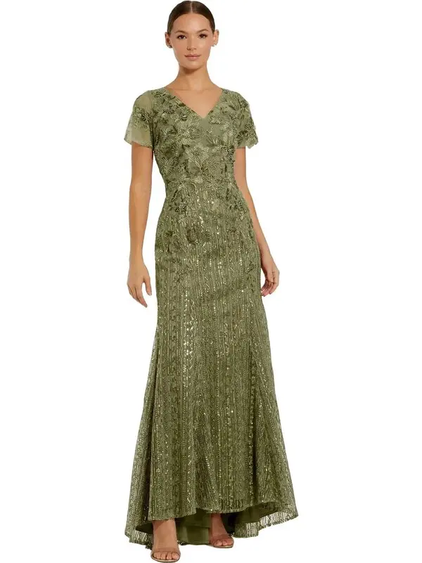 Mac Duggal Embellished V-neck Trumpet Gown - Green