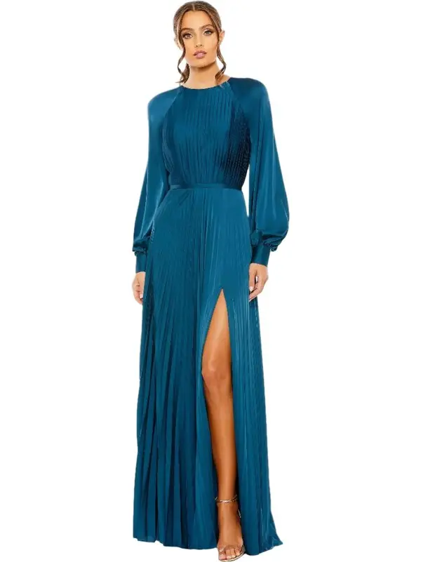 Mac Duggal Pleated High Neck Long Sleeve Gown With Slit - Blue