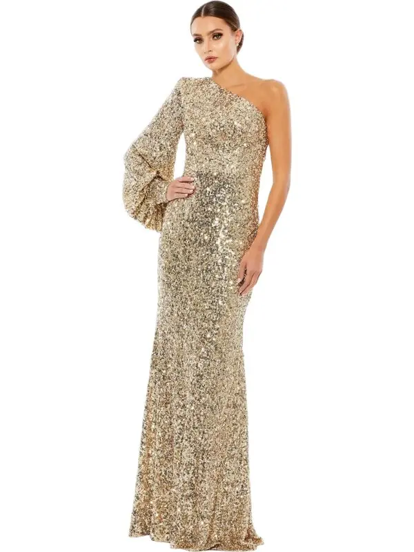 Mac Duggal Sequin One-shoulder Trumpet Gown - Gold