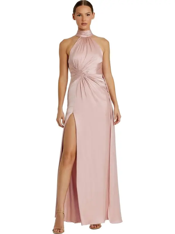 Mac Duggal Open Back High Neck Side Ruched Gown - Pink