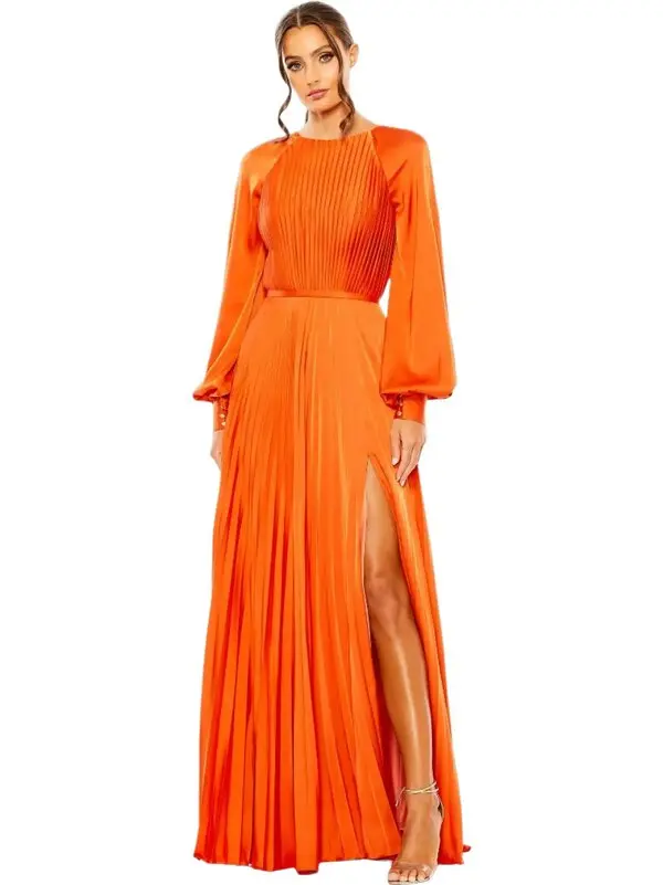 Mac Duggal Pleated High Neck Long Sleeve Gown With Slit - Orange