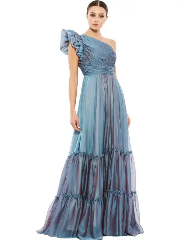Mac Duggal Organza One-shoulder Pleated Gown - Blue