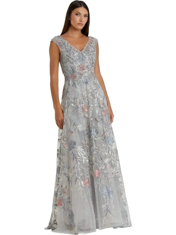Mac Duggal Embroidered Illusion Cap Sleeve A-line Gown - Gray