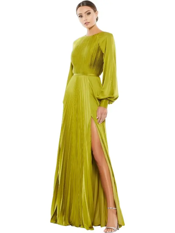 Mac Duggal Pleated High Neck Long Sleeve Gown With Slit - Green