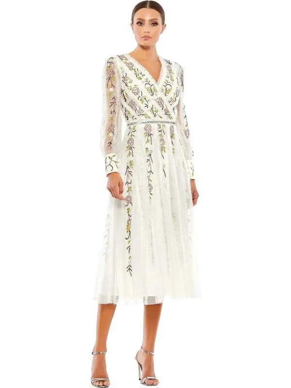 Mac Duggal Long Sleeve Embroidered Wrap Midi Dress - White