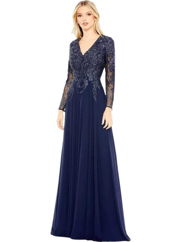 Mac Duggal Embellished Illusion V-neck Gown - Navy