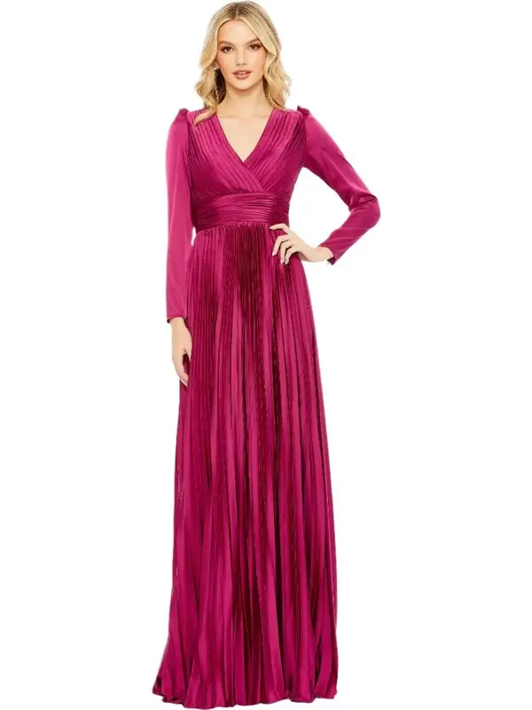 Mac Duggal Pleated Long Sleeve V-neck Gown - Purple