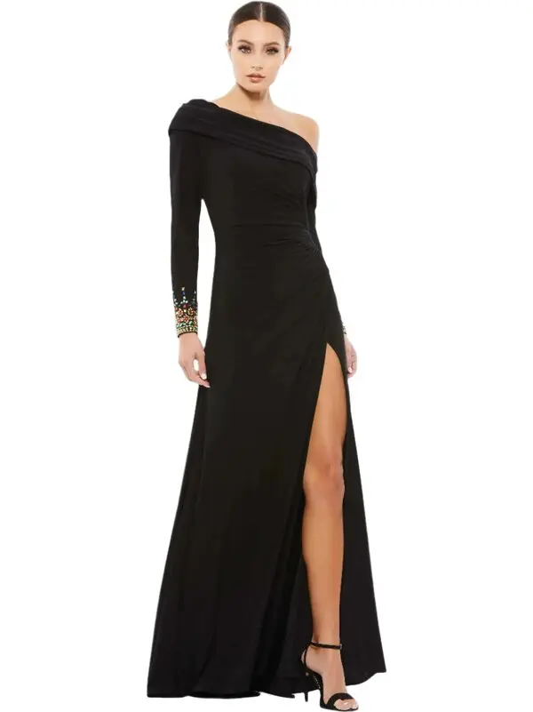 Mac Duggal Beaded Cuff Drop Shoulder Faux Wrap Gown - Black