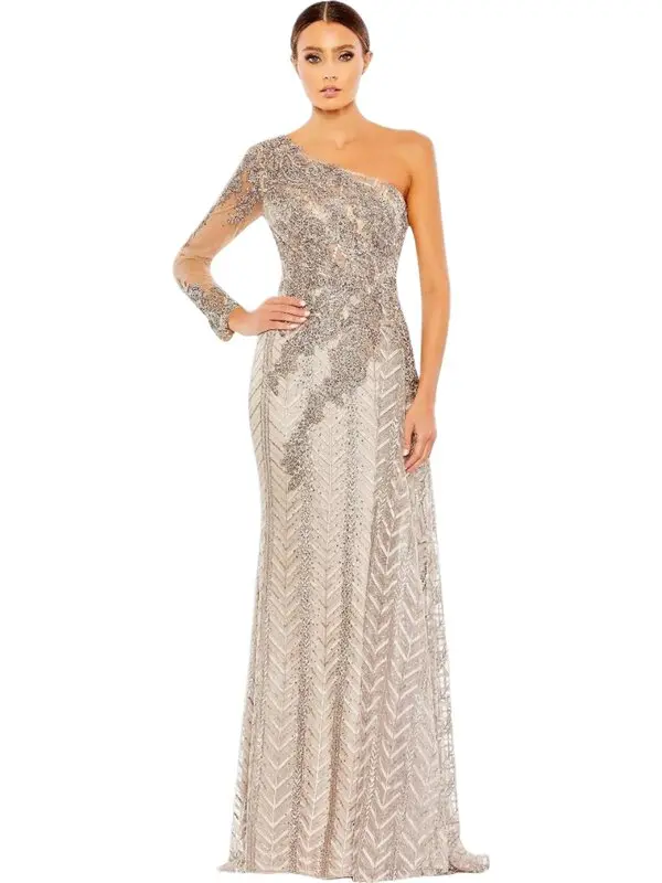 Mac Duggal Embellished One-shoulder A-line Gown - Neutral