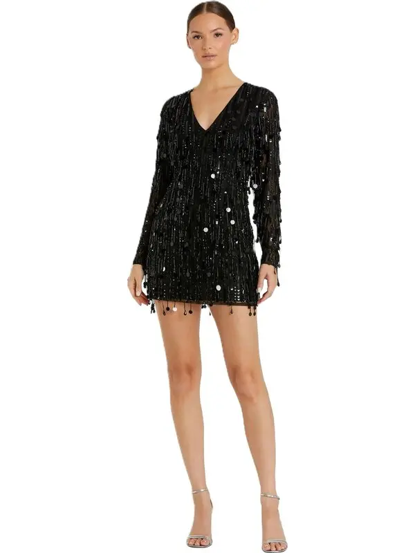 Mac Duggal Long Sleeve Beaded Fringe Plunge Neck Dress - Black