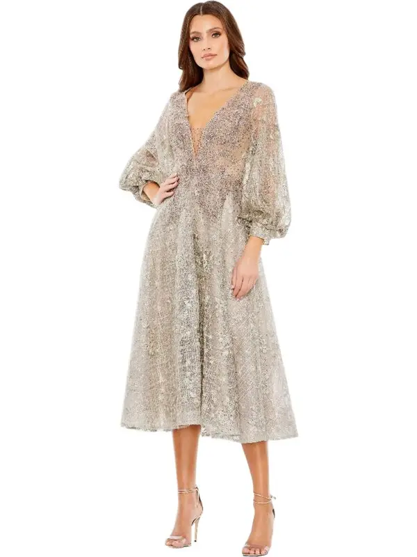Mac Duggal Embellished Plunge Neck Bishop Sleeve Dress - Neutral