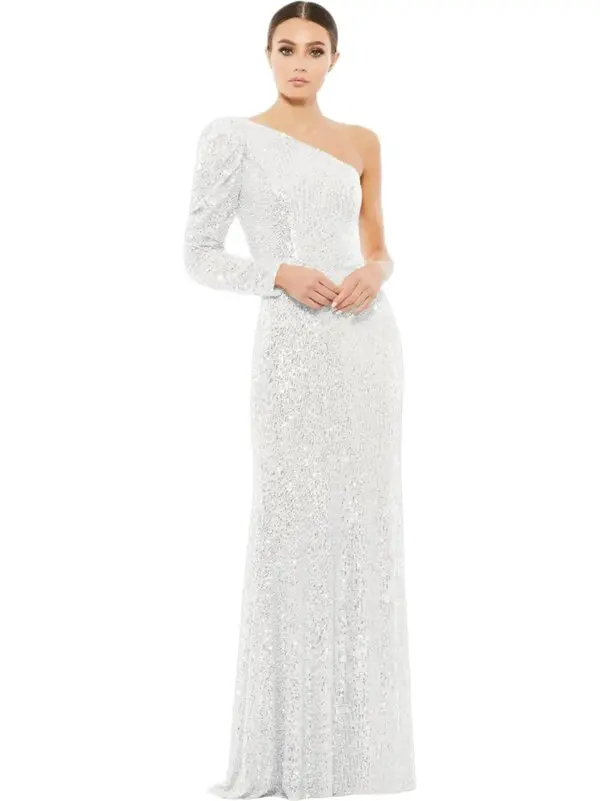Mac Duggal Sequined One-shoulder Gown - White