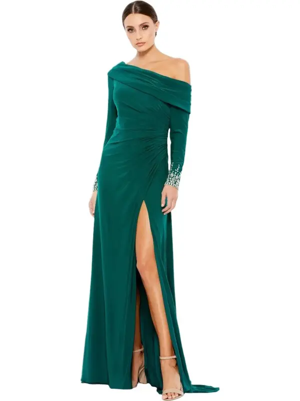 Mac Duggal Beaded Cuff Faux Wrap Gown - Green