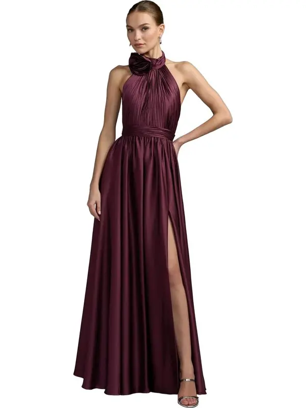 Mac Duggal Halterneck Open Back Gown With Slit - Purple
