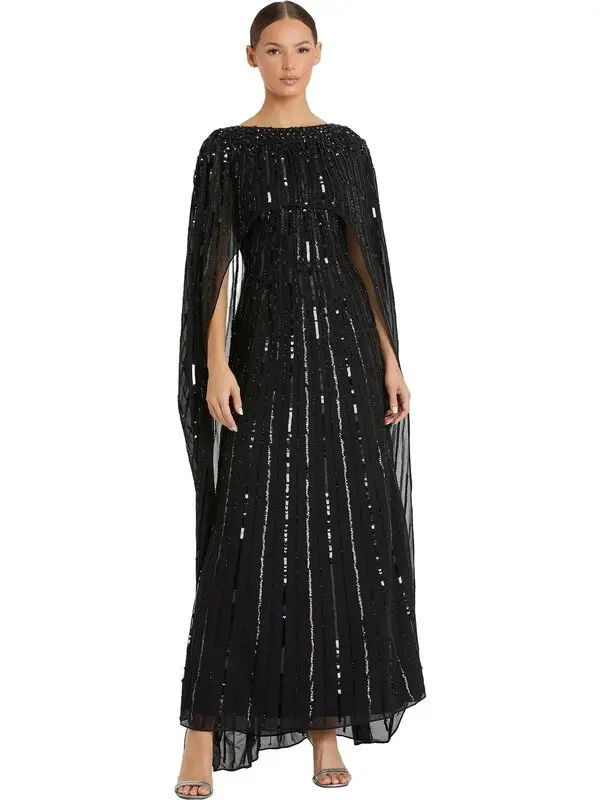 Mac Duggal Embellished Beaded Column Cape Gown - Black