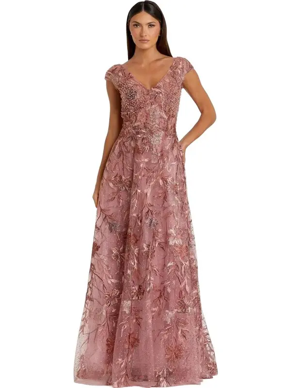 Mac Duggal Embroidered Illusion Cap Sleeve A-line Gown - Pink