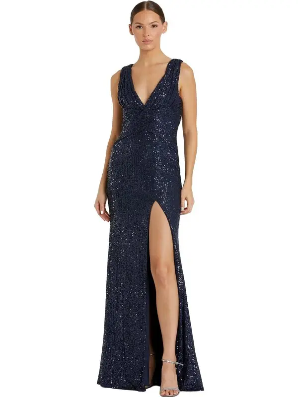 Mac Duggal Sequin V-neck Wrap Waist Gown - Navy