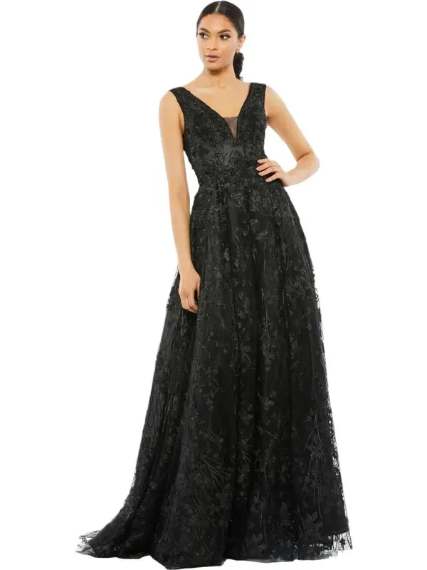 Mac Duggal Floral Embroidered Illusion V-neck Gown - Black