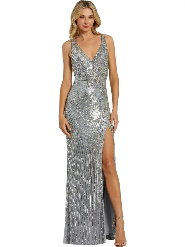 Mac Duggal Beaded Floral Sleeveless Gown - Silver