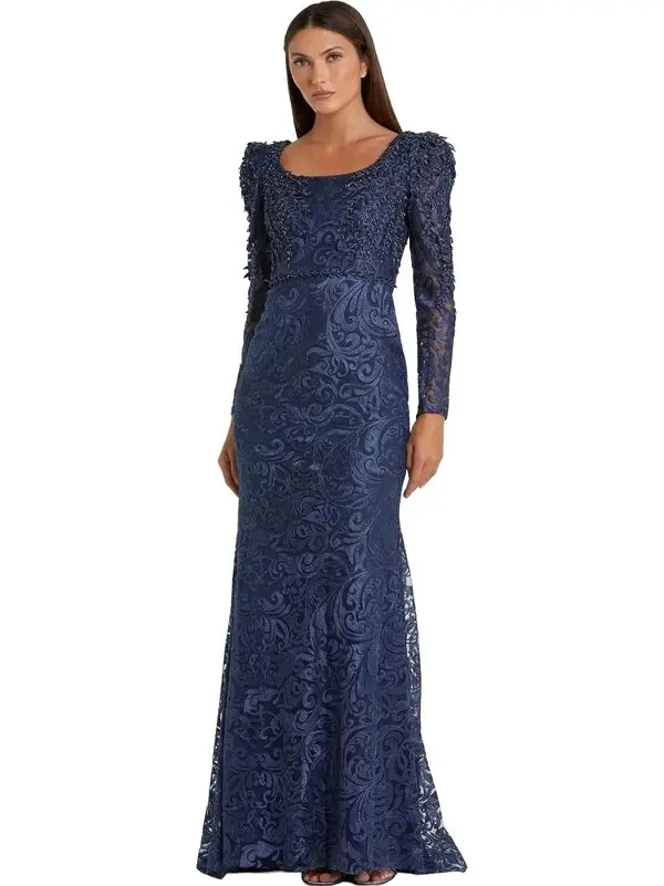 Mac Duggal Long Sleeve Embroidered Applique Trumpet Gown - Navy