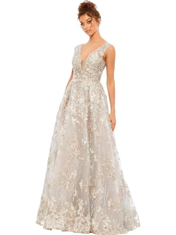 Mac Duggal Floral Embroidered Illusion V-neck Gown - Silver