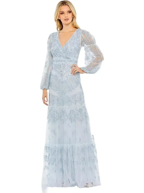 Mac Duggal Sequin-embellished Tiered Puff Sleeve Gown - Blue